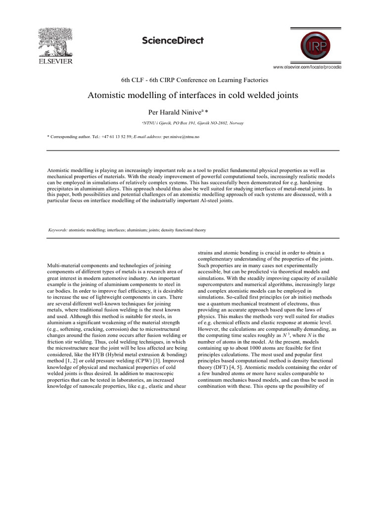 Atomistic Modelling Of Interfaces In Cold Welded Joints 2016 Procedia Cirp Pdf