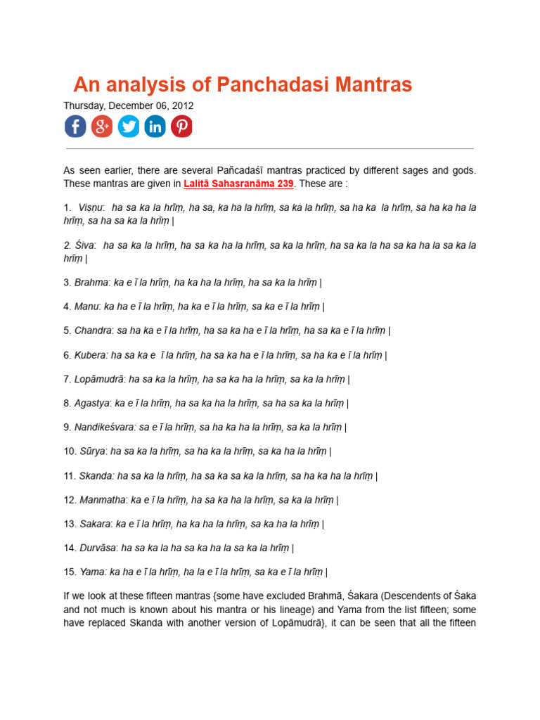 An Analysis of Panchadasi Mantras | PDF | Mantra | Hindu Mythology