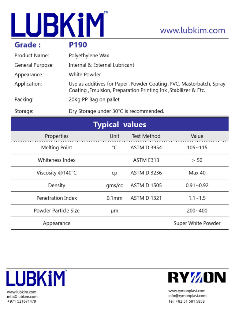 PE Wax P190 (Lubkim) Oil Burg - UAE | PDF
