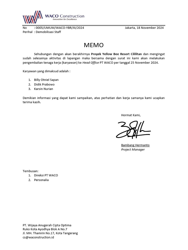 Memo Pengembalian Karyawan YBRC (SIGNED) | PDF