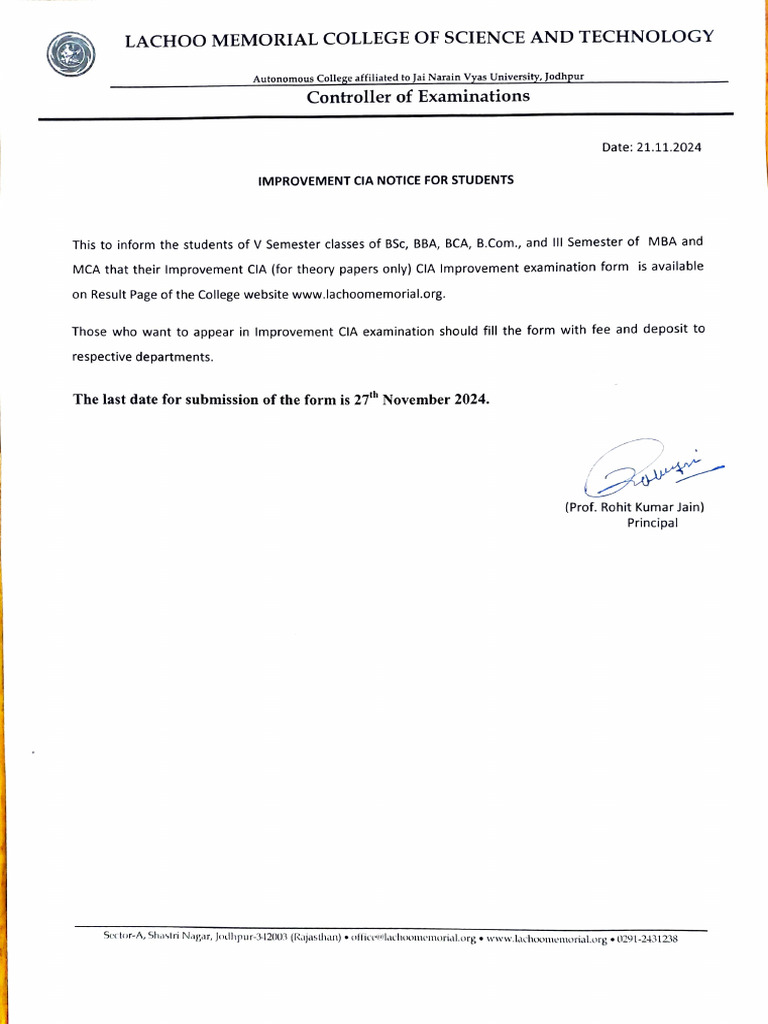 Improvement CIA Notice for Students | PDF