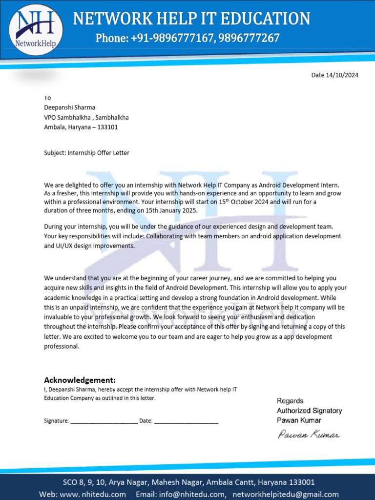 Internship - Offer Letter - Deepanshi Sharma | PDF Internship - Offer Letter - Deepanshi Sharma | PDF