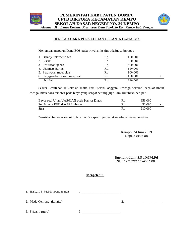 Berita Acara Pengalihan SDN 20 Kempo 2019 | PDF