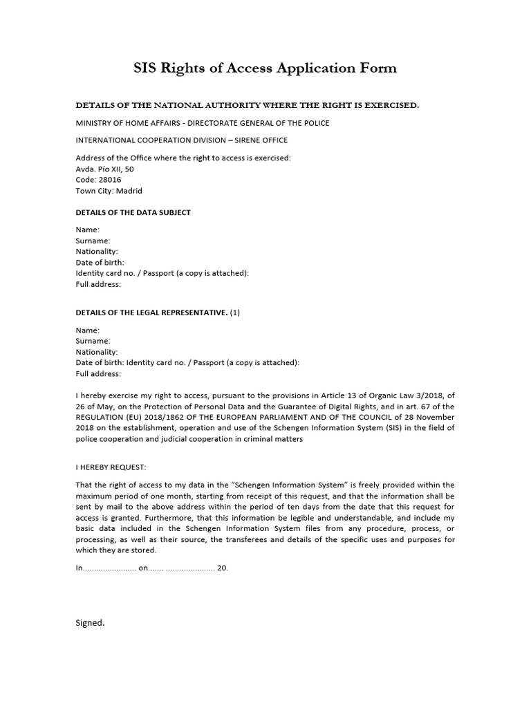 SIS Rights of Access Application Form | PDF