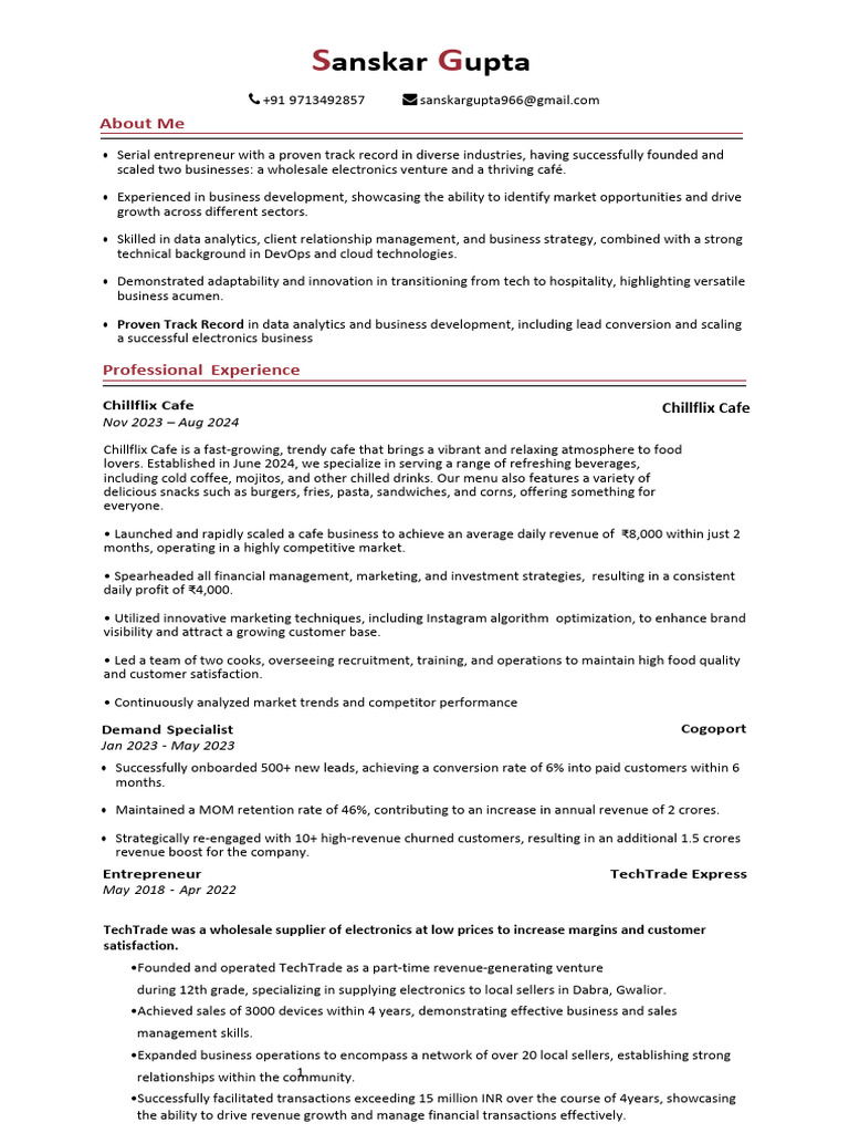 Sanskar Gupta Buisness Resume | PDF | Cloud Computing | Coffeehouse