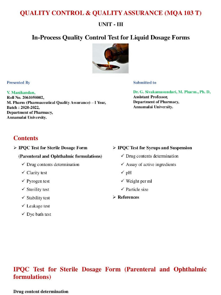 Ipqc Test For Parentrals | PDF