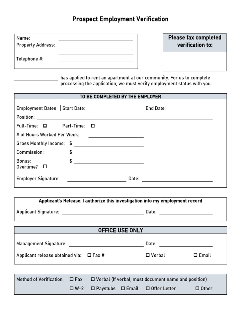 Prospect Employment Verification: Please Fax Completed Verification To ...