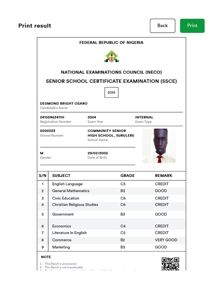 NECO Results Portal | PDF