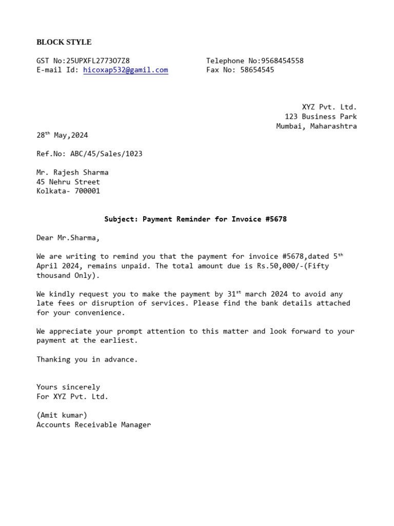 Block Style: Subject: Payment Reminder For Invoice #5678 | PDF
