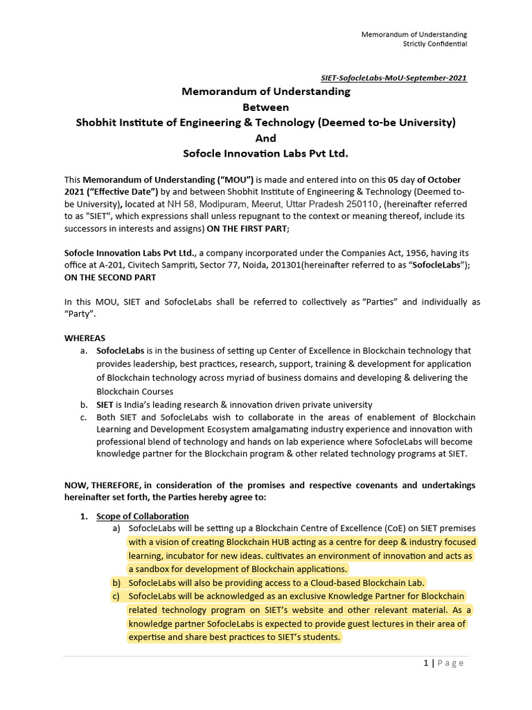Sofocle Innovation Labs 2021 | PDF | Intellectual Property | Memorandum Of Understanding