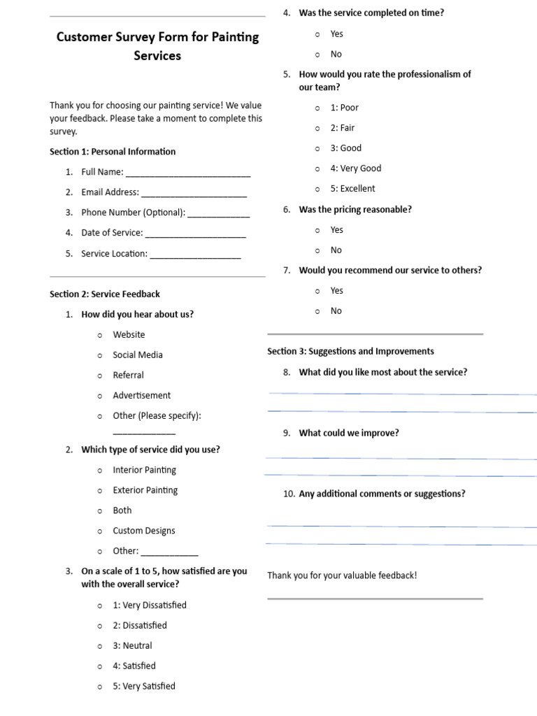 Customer Survey Form For Painting Services | PDF