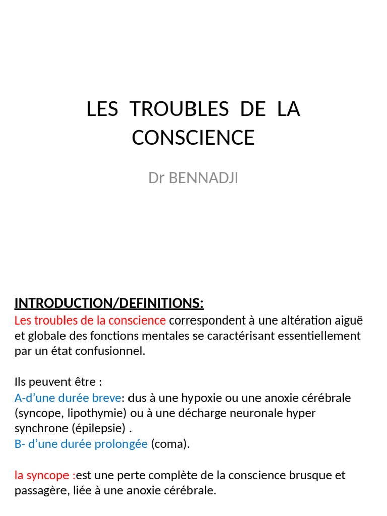 Troubles de la Conscience : Causes et Évaluation | PDF | Coma | Épilepsie