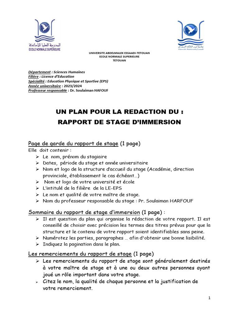 Rapport de Stage en EPS 2023/2024 | PDF