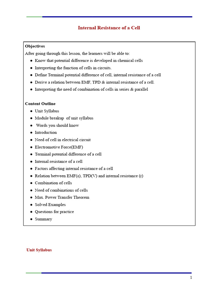 Internal Resistance & Cell Circuits | PDF | Voltage | Electrical ...