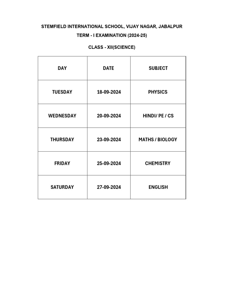 Term - I Examination Time Table (2024-25) | PDF