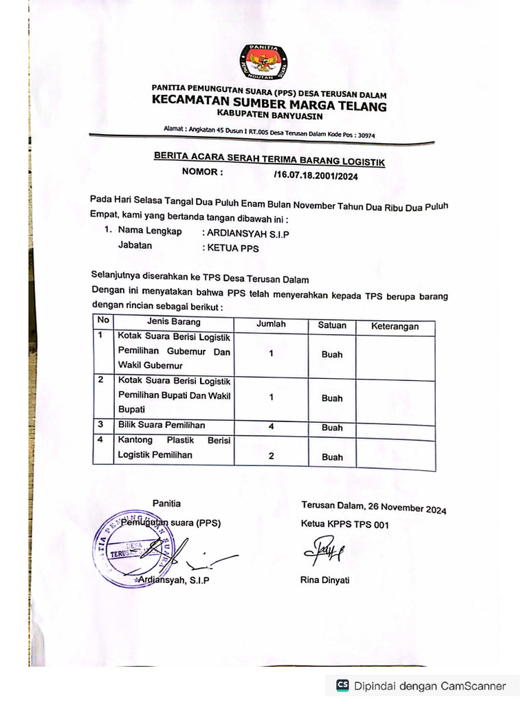 Berita Acara Serah Terima Barang Logistik Ke PPS Ke Kpps Desa Terusan Dalam TPS 001 | PDF