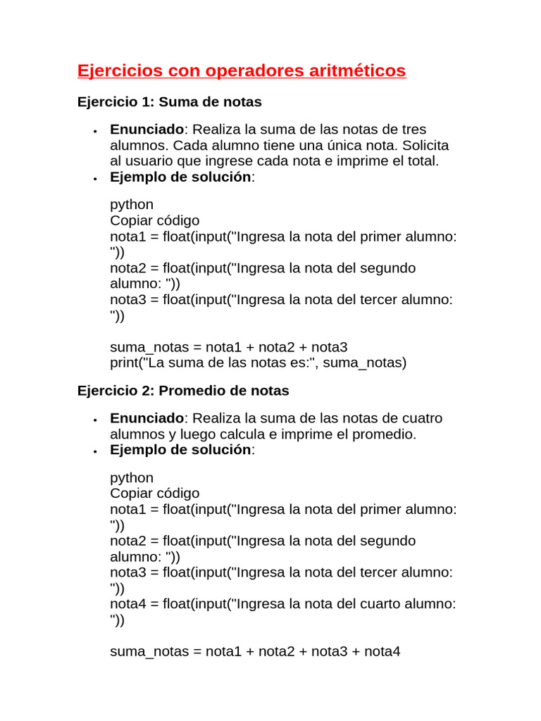 Ejercicios Python con Operadores Aritméticos y Relacionales | PDF | Python (lenguaje de ...