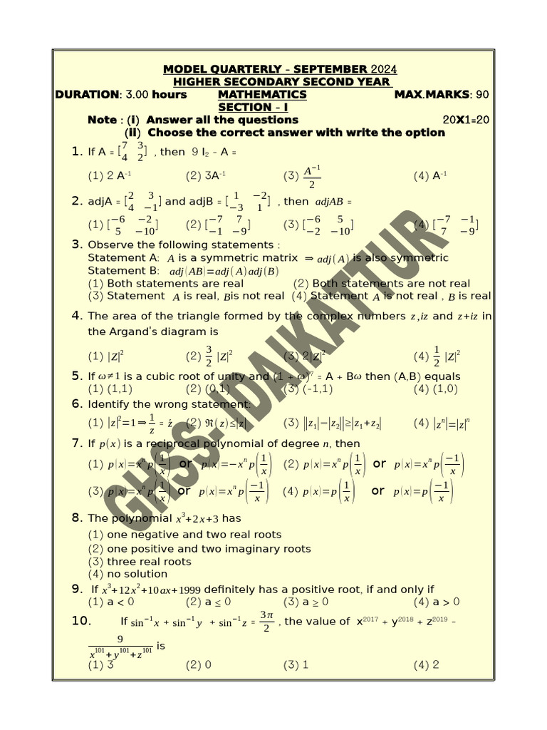 Class 12 Math Quarterly Exam Guide | PDF | Geometry | Elementary Geometry