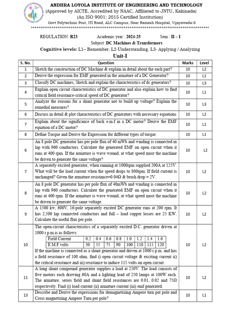 DCMT Question Bank For Mid | PDF | Electric Motor | Transformer