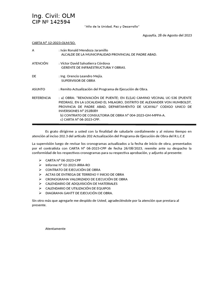 Carta #12 Actualizacion de Programacion de Ejecucion | PDF