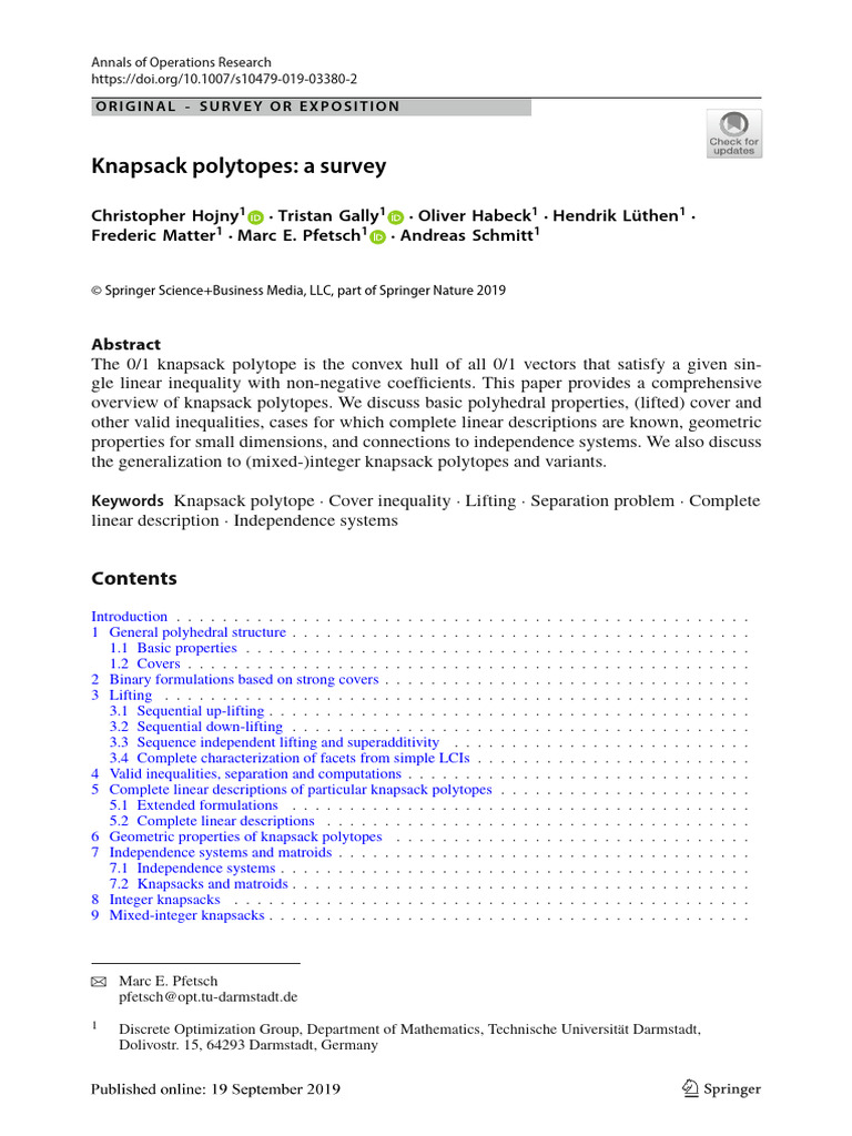 Knapsack Polytopes, A Survey - C. Hojny Et Al | PDF | Linear Programming | Mathematics