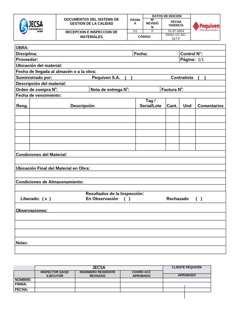 DSGC-CC-DC - 017 - F Formato de Recepción e Inspección de Materiales | PDF