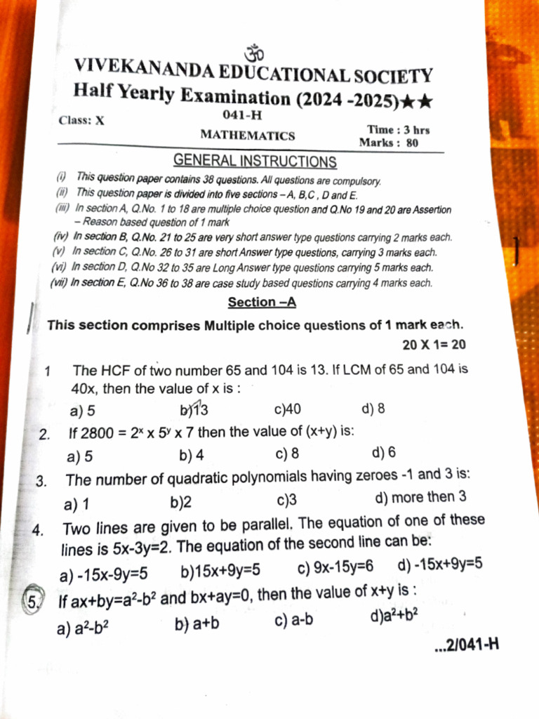 Maths Half Yearly Exam Set - 2 | PDF | Mathematical Concepts | Algebra
