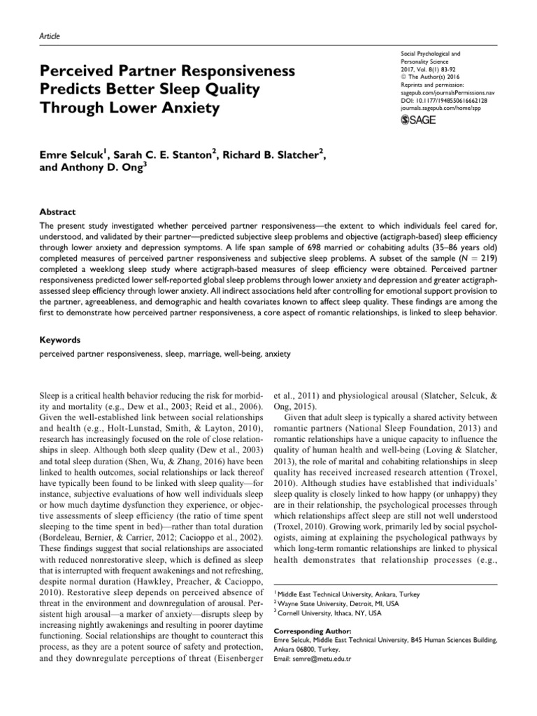 Perceived Partner Responsiveness Predicts Better Sleep Quality Through ...