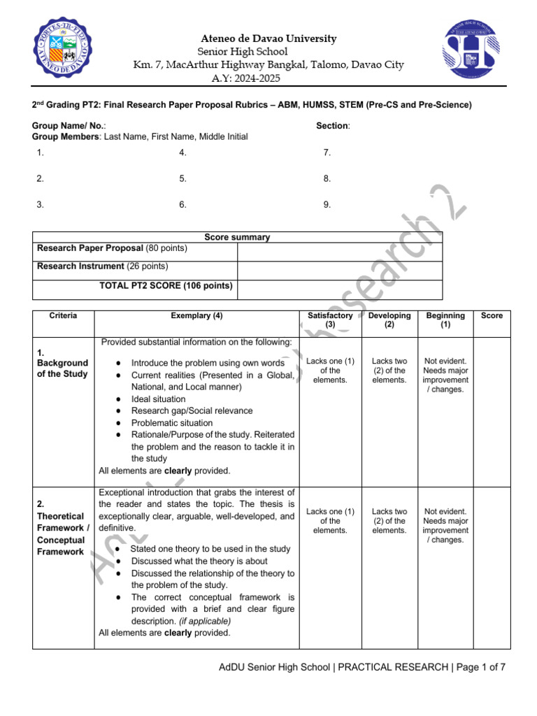Pracres2 - Rubrics - Chapter 1-3 - ABM HUMSS PRE-CS PRE-SCI - 2425 | PDF | Citation | Data