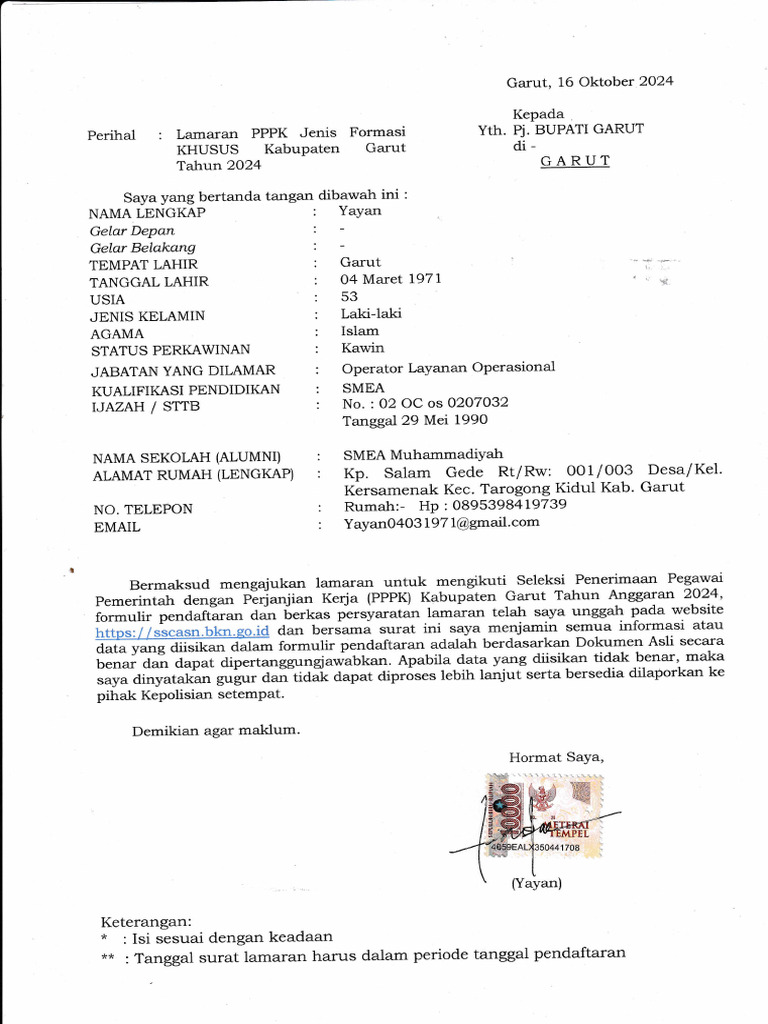 Surat Lamaran - Yayan | PDF