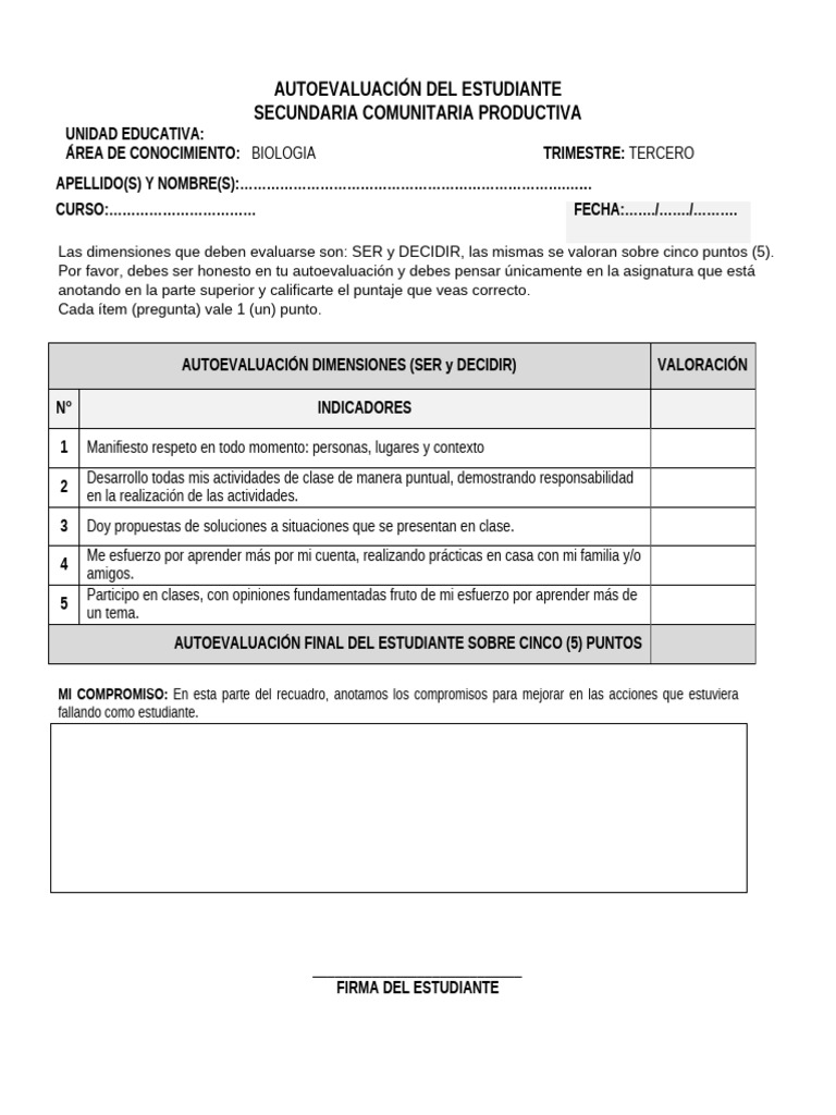 Auto Eval. 3º Trimestre Bio | PDF