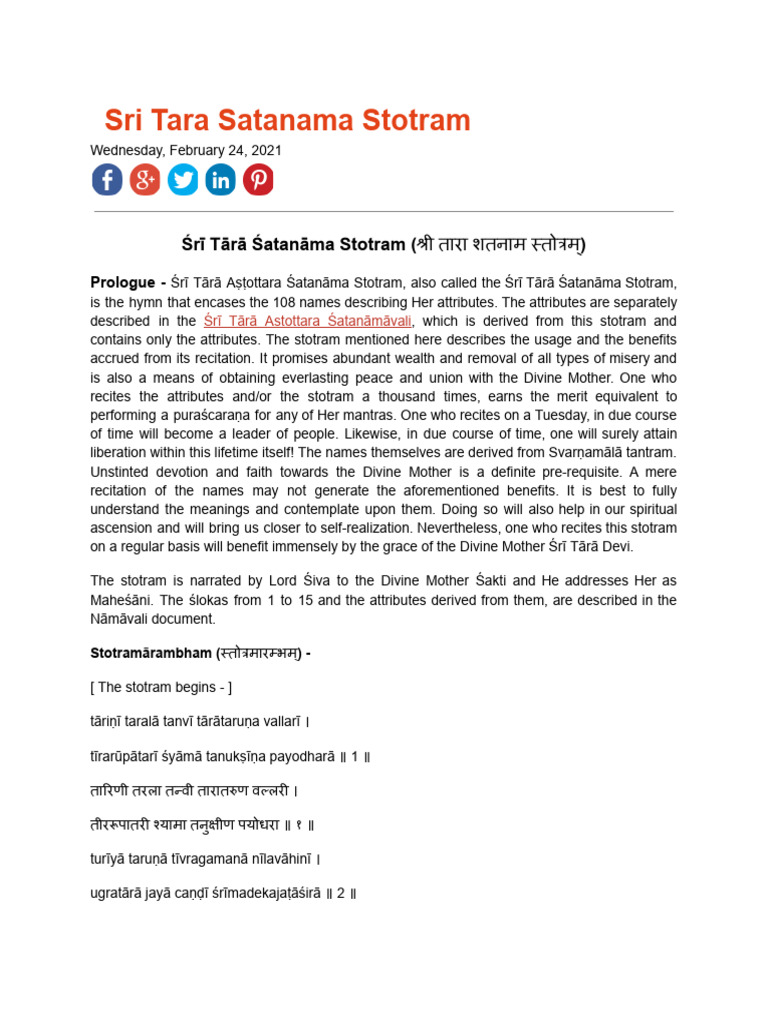 Sri Tara Satanama Stotram Benefits | PDF | Mantra | Indian Religions