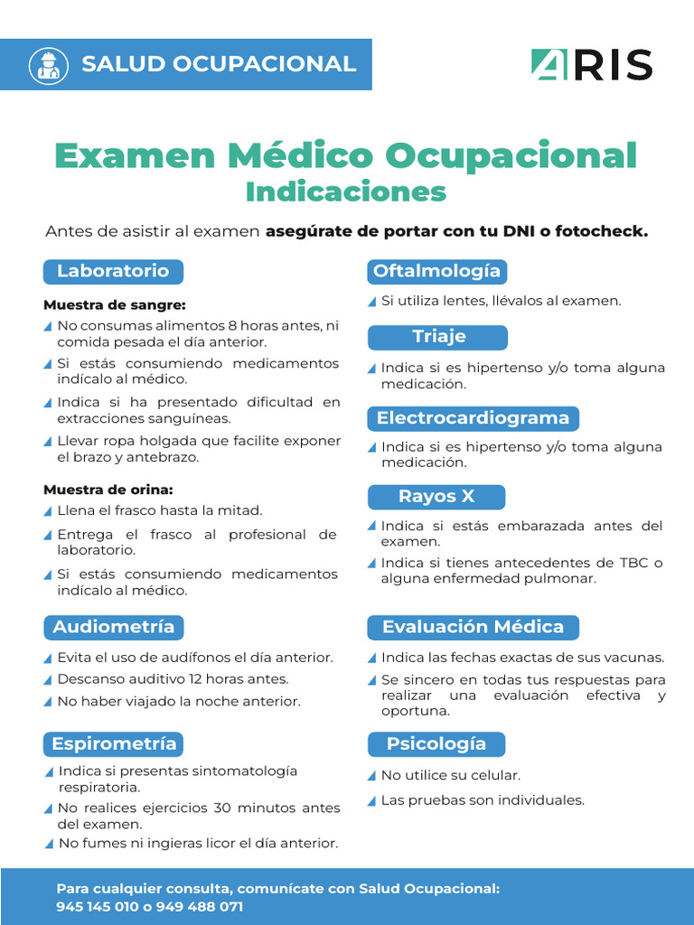 Indicaciones para El Examen Medico Ocupacional - Aris 2024 | PDF