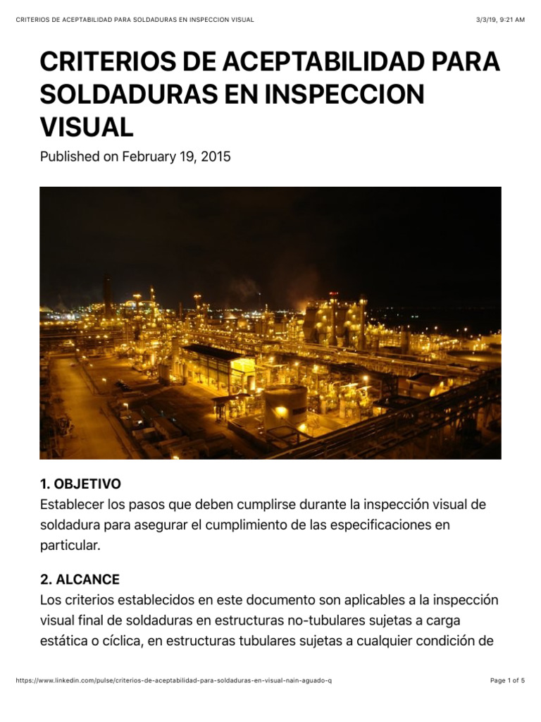 Criterios de Aceptabilidad para Soldaduras en Inspeccion Visual | PDF | Soldadura | Construcción