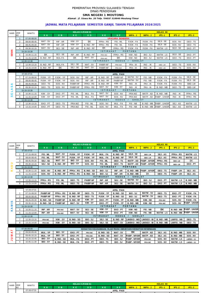 Jadwal Pelajaran TP 2024-2025 | PDF