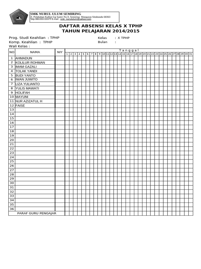 Daftar Absensi Siswa SMK NURUL ULUM | PDF