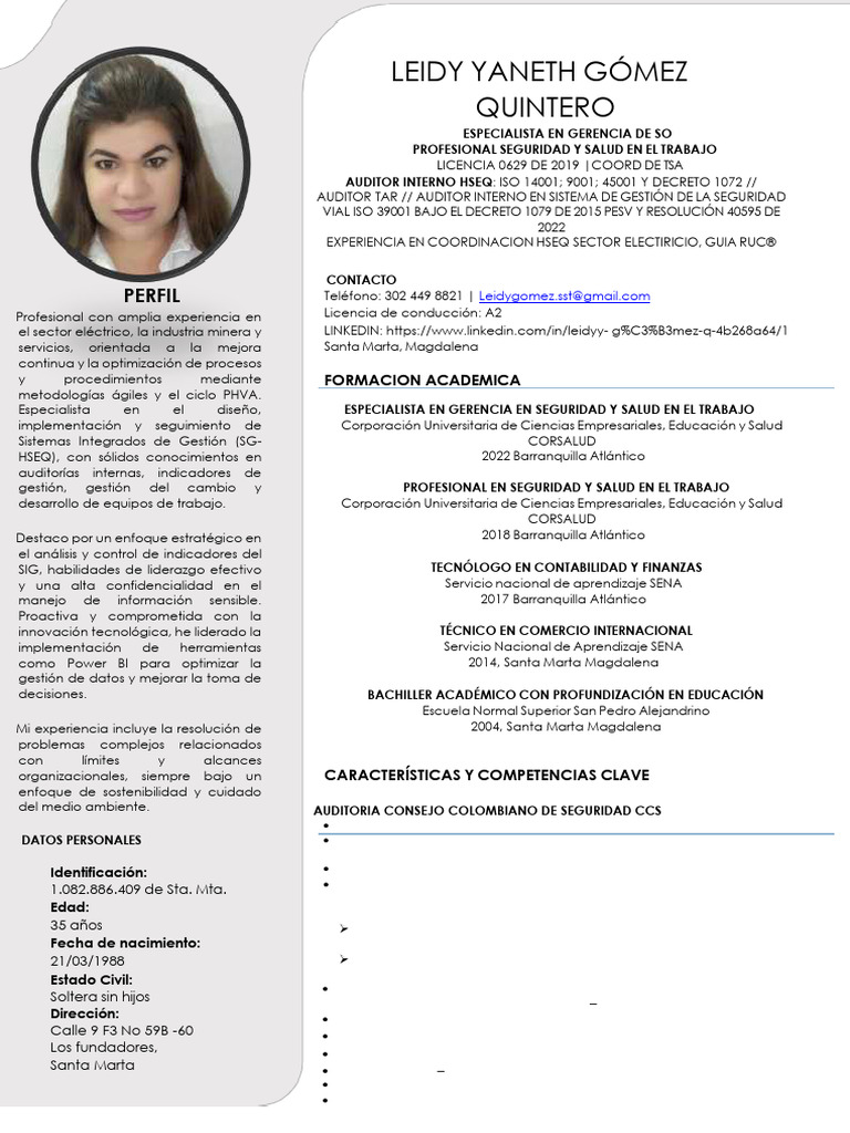 Hoja de Vida Leidy Gomez 2024 Diciembre | PDF | Seguridad y salud ...