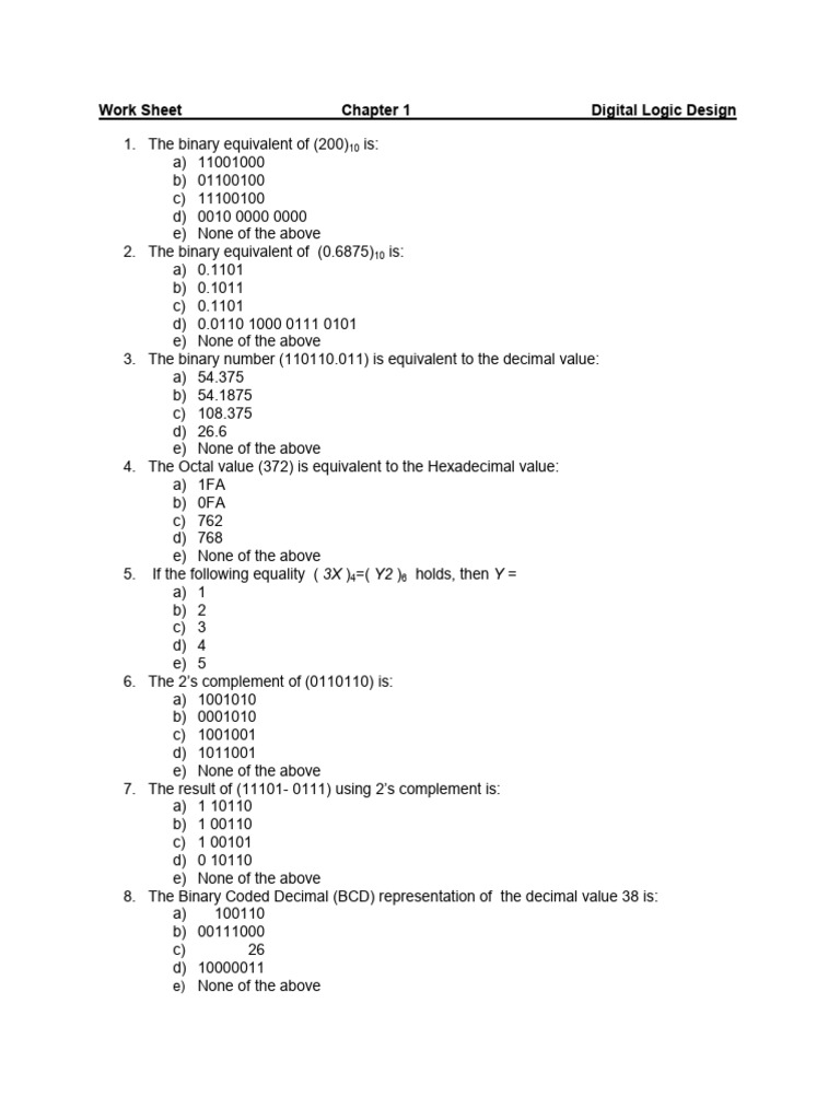 Work Sheet - Chapter 1 | PDF