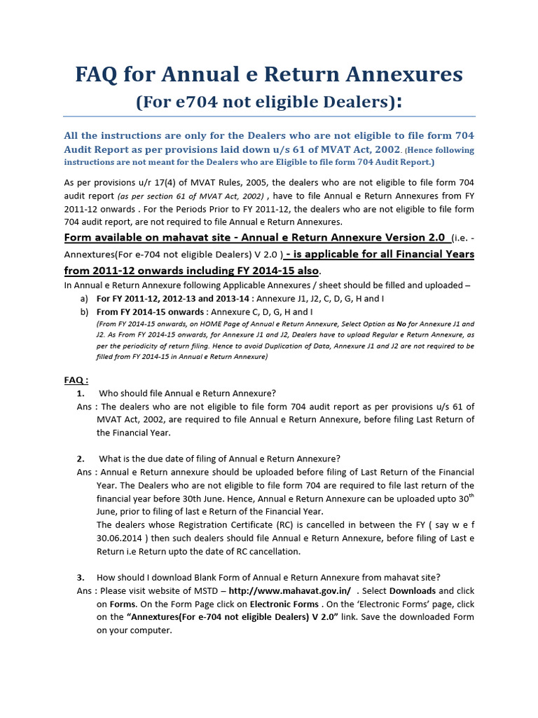 FAQ For Annual e Return Annexure (For E704 Not Eligible Dealers) | PDF | Computing