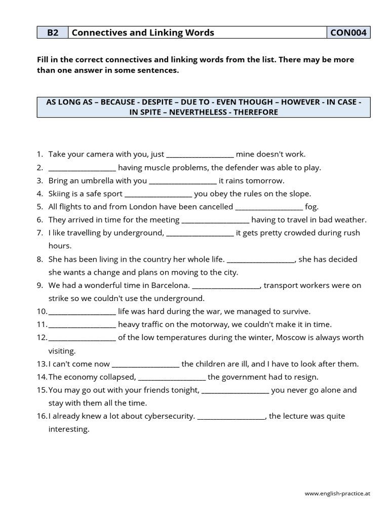 Connectors and Linking Words - Exercises + Answers | PDF