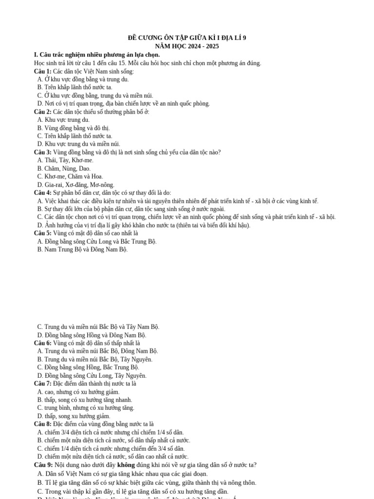 ĐỊA 9 - ĐỀ CƯƠNG ÔN TẬP GHK I | PDF