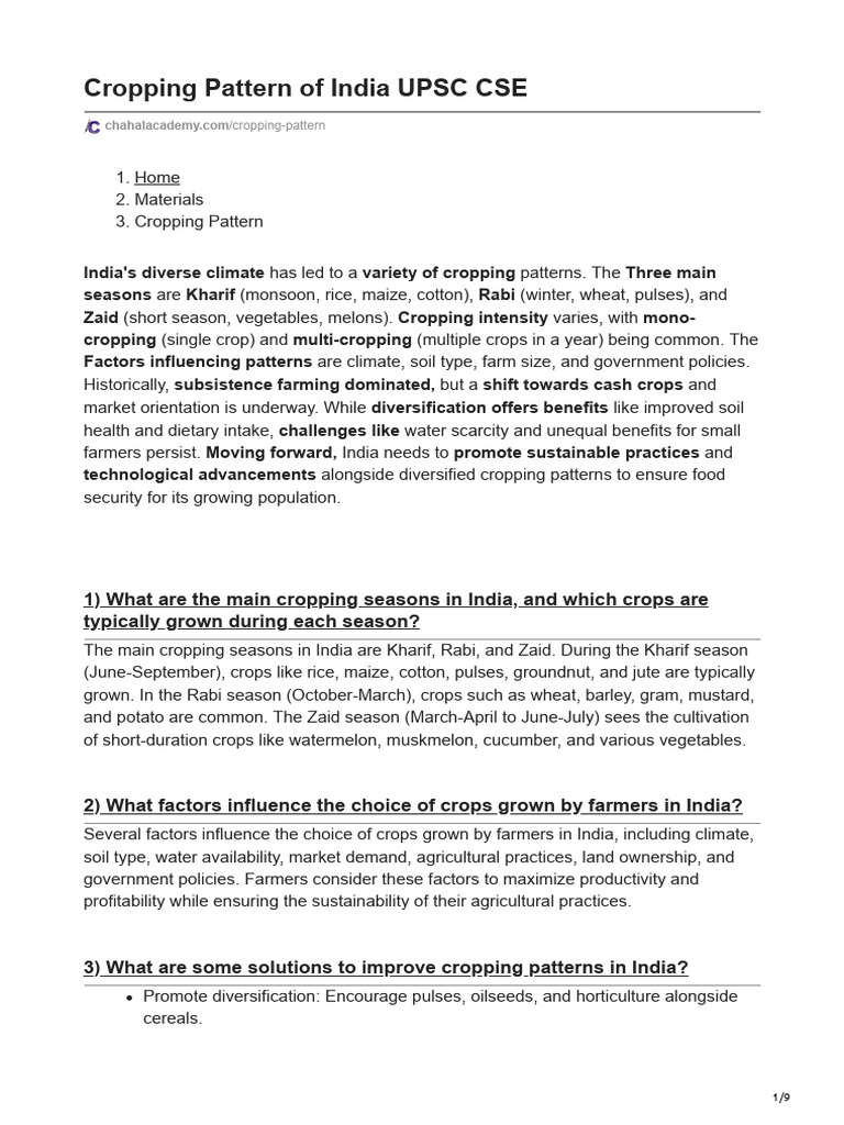 Cropping Pattern of India UPSC CSE | PDF | Agriculture | Crops