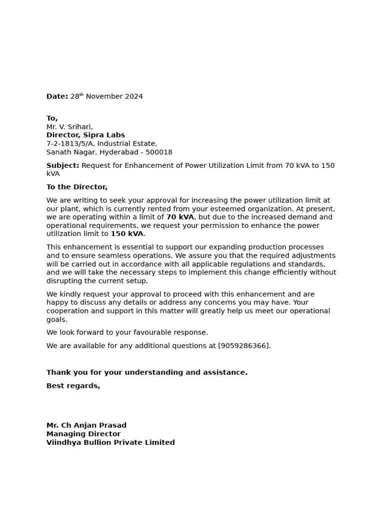 Power Limit Increase Request 150 kVA | PDF