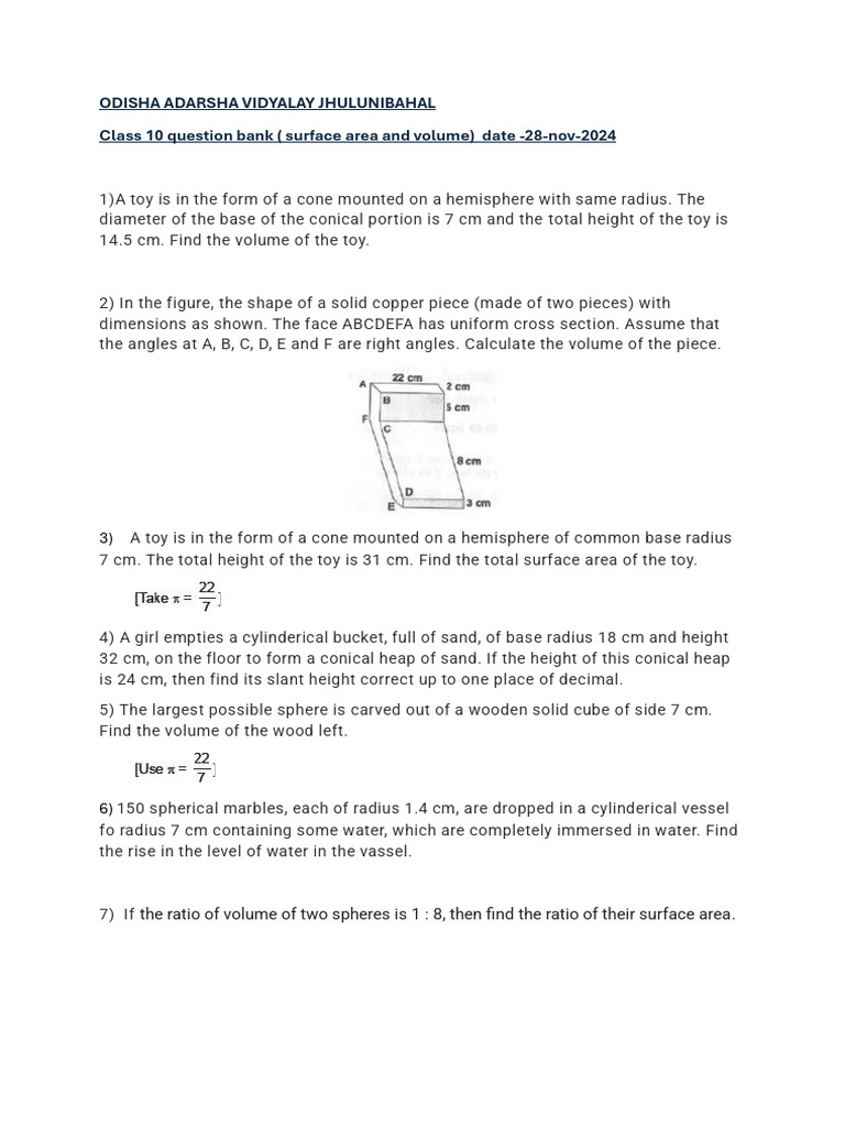 Class 10 Surface Area & Volume Questions | PDF