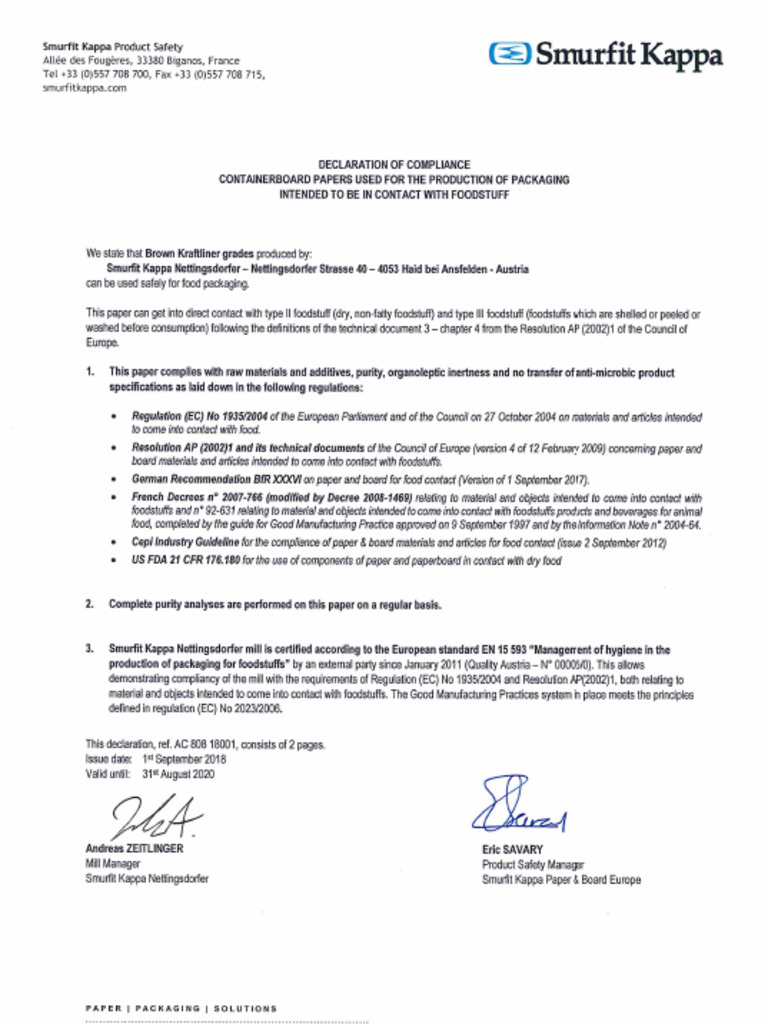 Declaration of Compliance - Brown Kraftliner 2020 | PDF