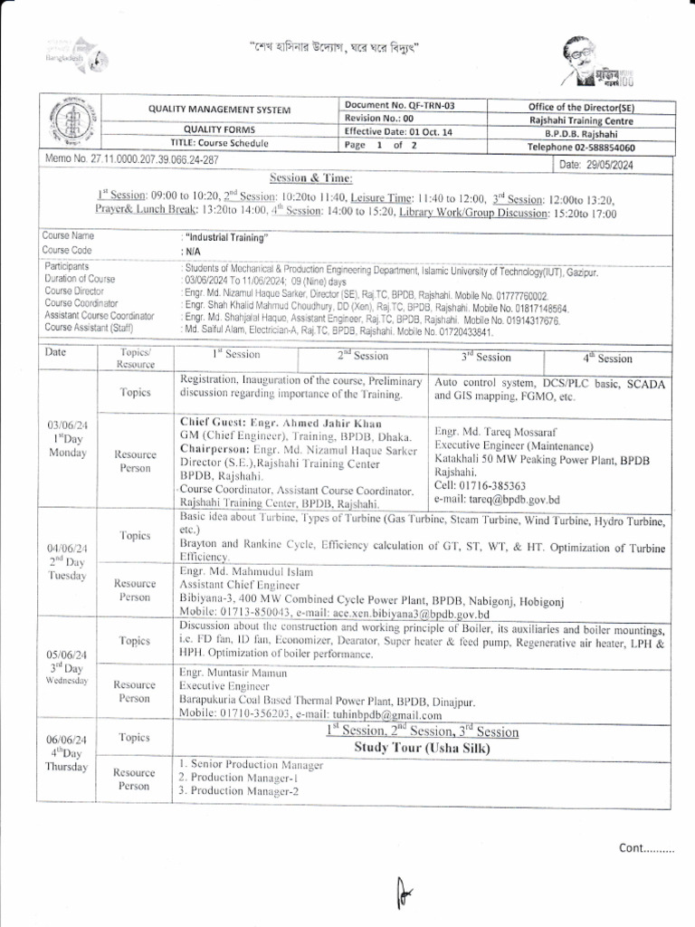 RTC Rajshahi Training1 Schedule 2024 MPE IUT | PDF