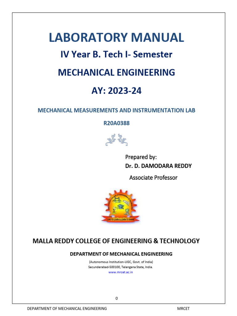 Mechanical Measurements Lab Manual | PDF | Vacuum | Pressure Measurement