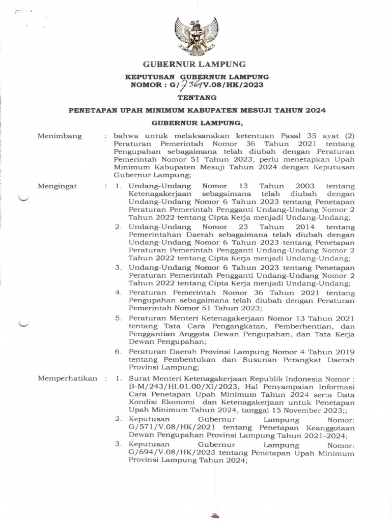 Penetapan Upah Minimum Kabupaten Mesuji Tahun 2024 | PDF
