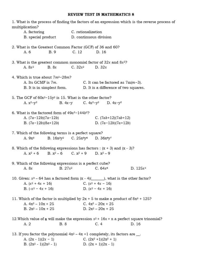 Review Test in Mathematics 8 | PDF | Rational Number | Numbers