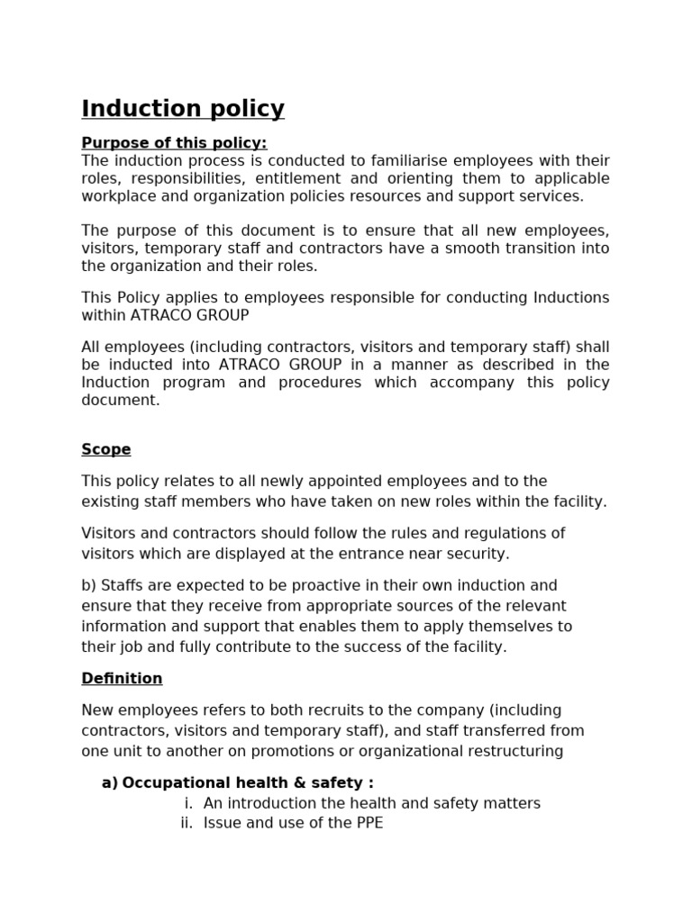 Policies and Procedures On Induction of New Employees | PDF ...